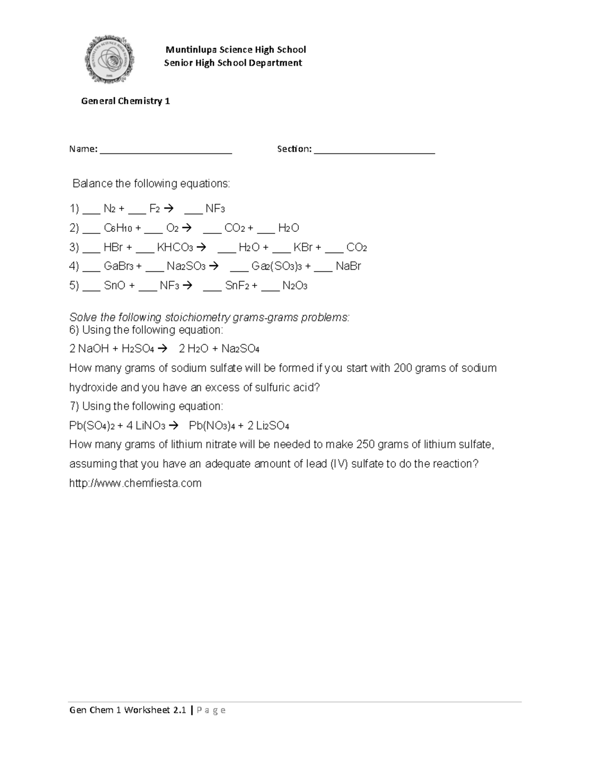 Worksheet on balancing equations 2 and stoichiometry - General ...