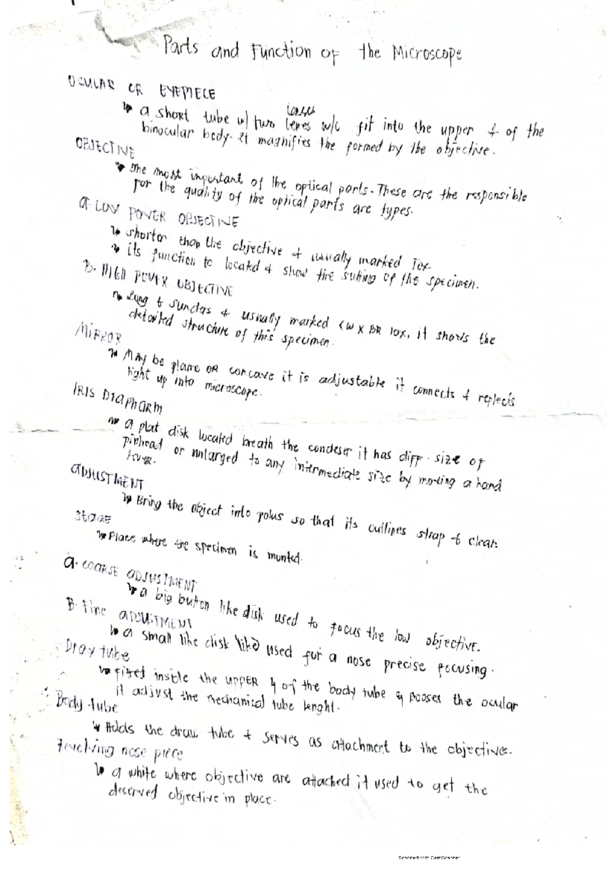 Parts and Function of the Microscope Lecture Notes - Biology - Studocu