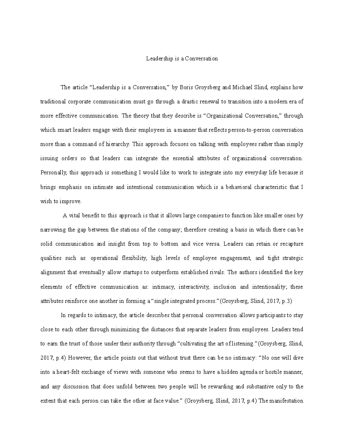 Midterm paper Leadership -3 - Leadership is a Conversation The article ...