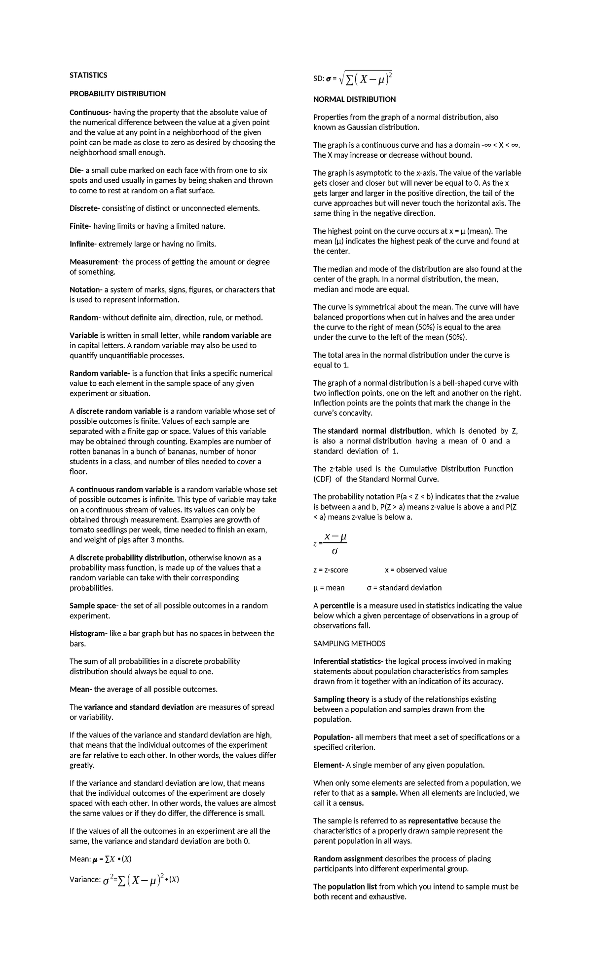 Statistics Reviewer - Review for Examination - STATISTICS PROBABILITY ...