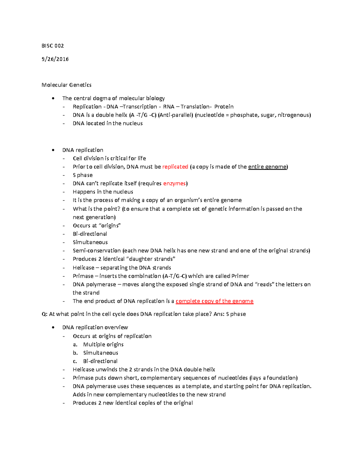 Genetics, Ecology, And Evolution all Lecture note - BISC 002 Molecular ...