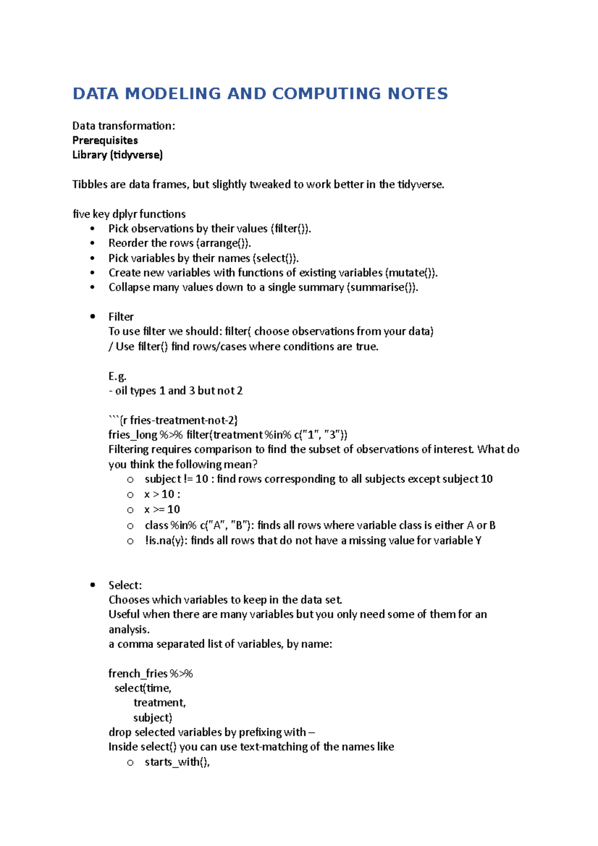 DATA Modeling AND Computing Notes - DATA MODELING AND COMPUTING NOTES ...