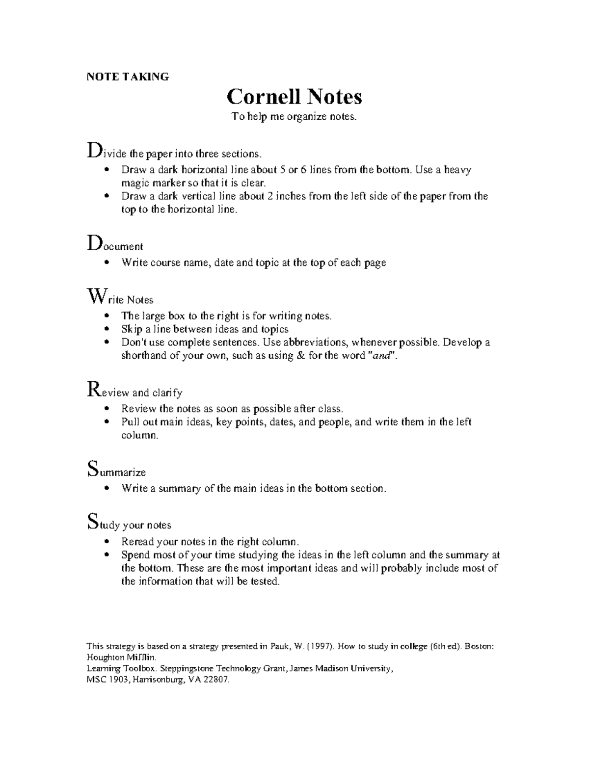 Cornellnotes - NOTE TAKING Cornell Notes To help me organize notes. D ...