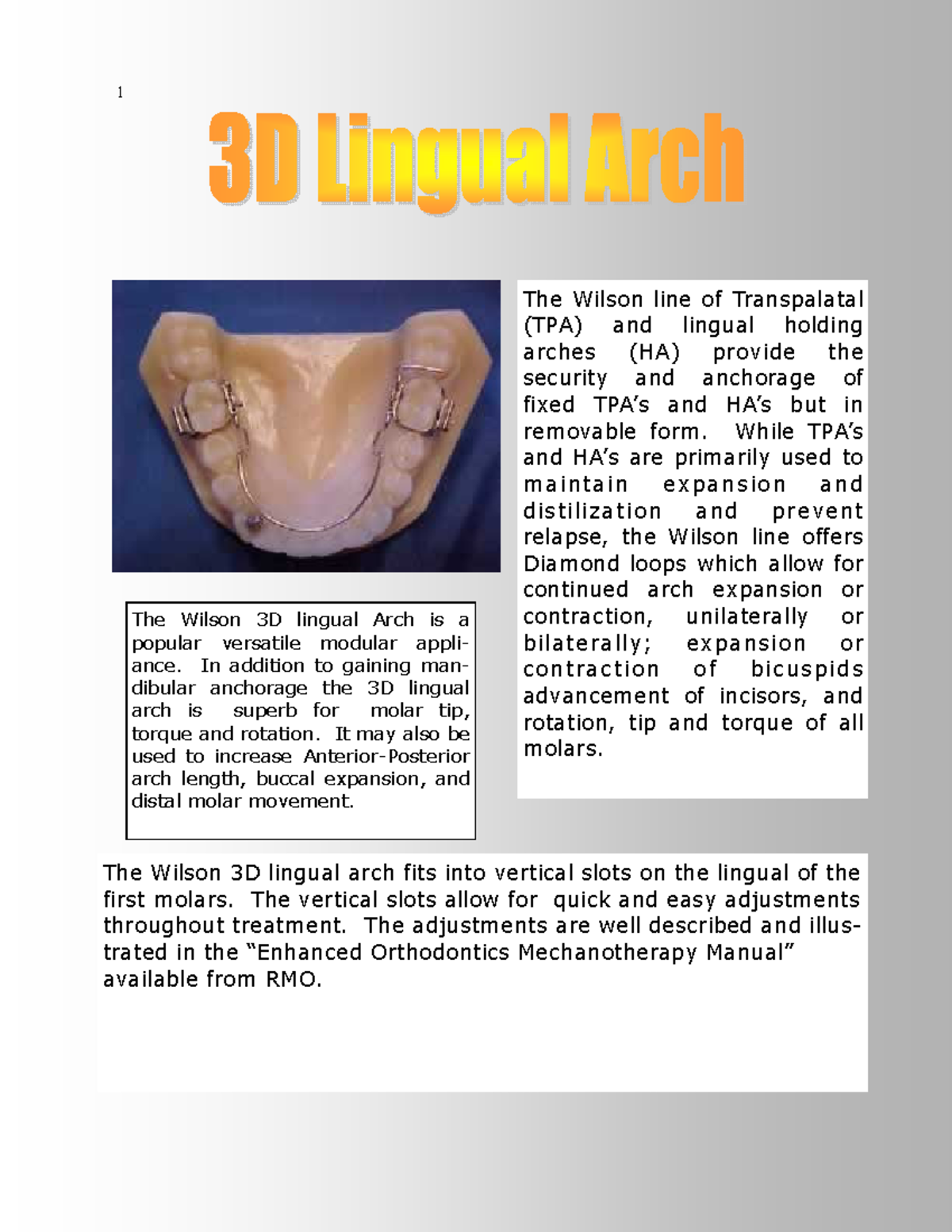 Wilson Lingual Arch Instructions - The Wilson 3D lingual Arch is a ...