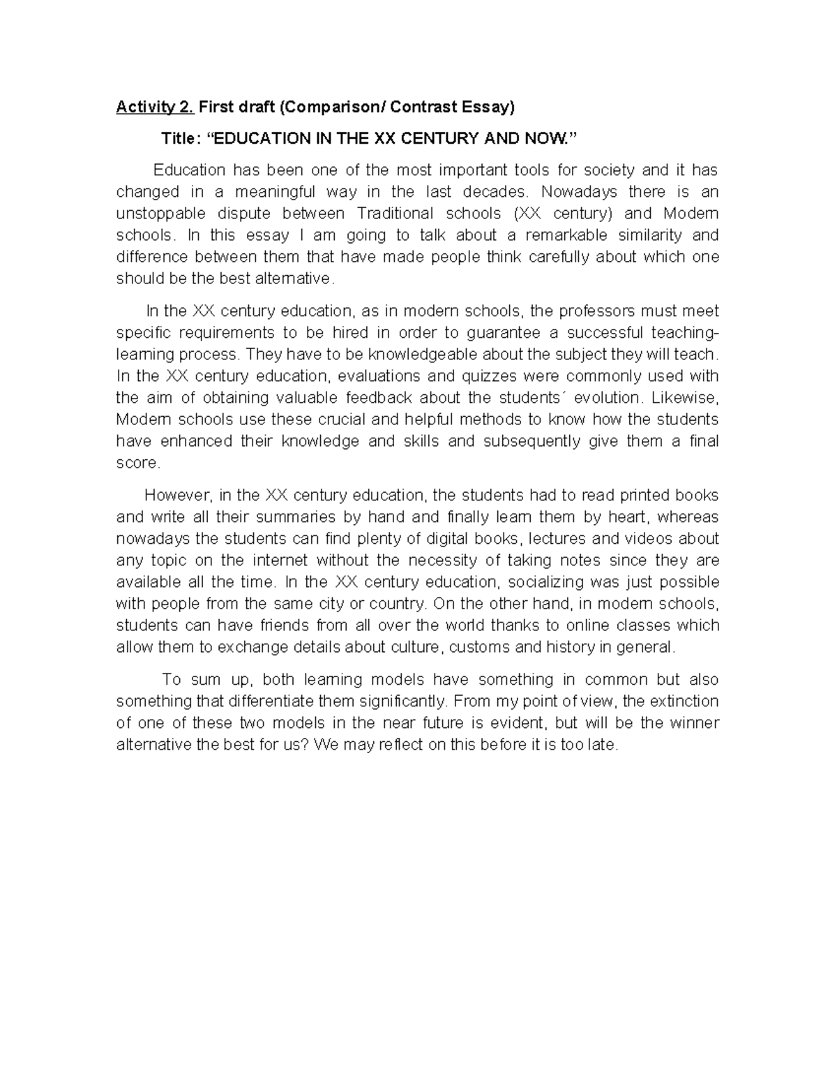 Draft - Activity 2. First draft (Comparison/ Contrast Essay) Title ...