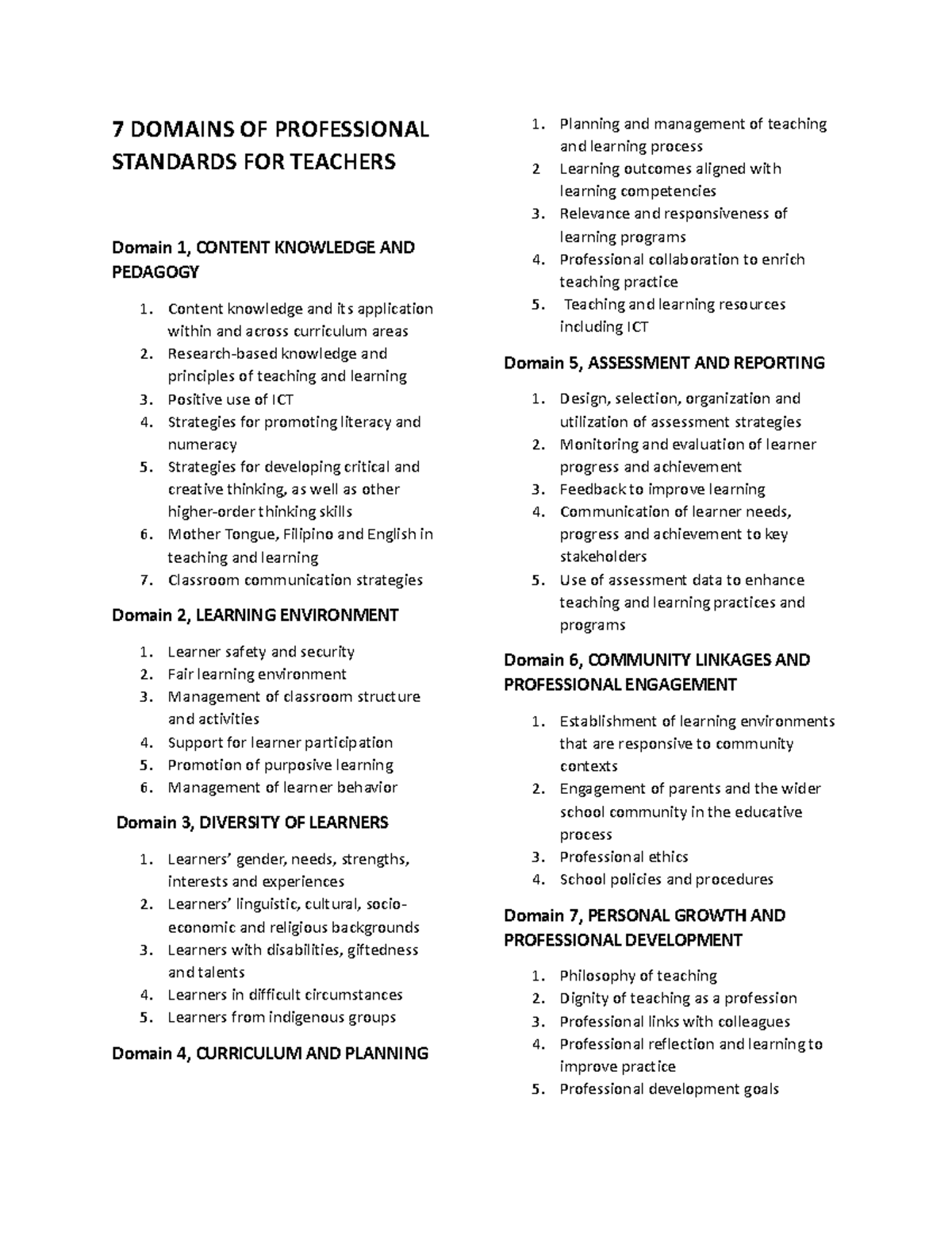 7 Domains OF PST - 7 DOMAINS OF PROFESSIONAL STANDARDS FOR TEACHERS ...