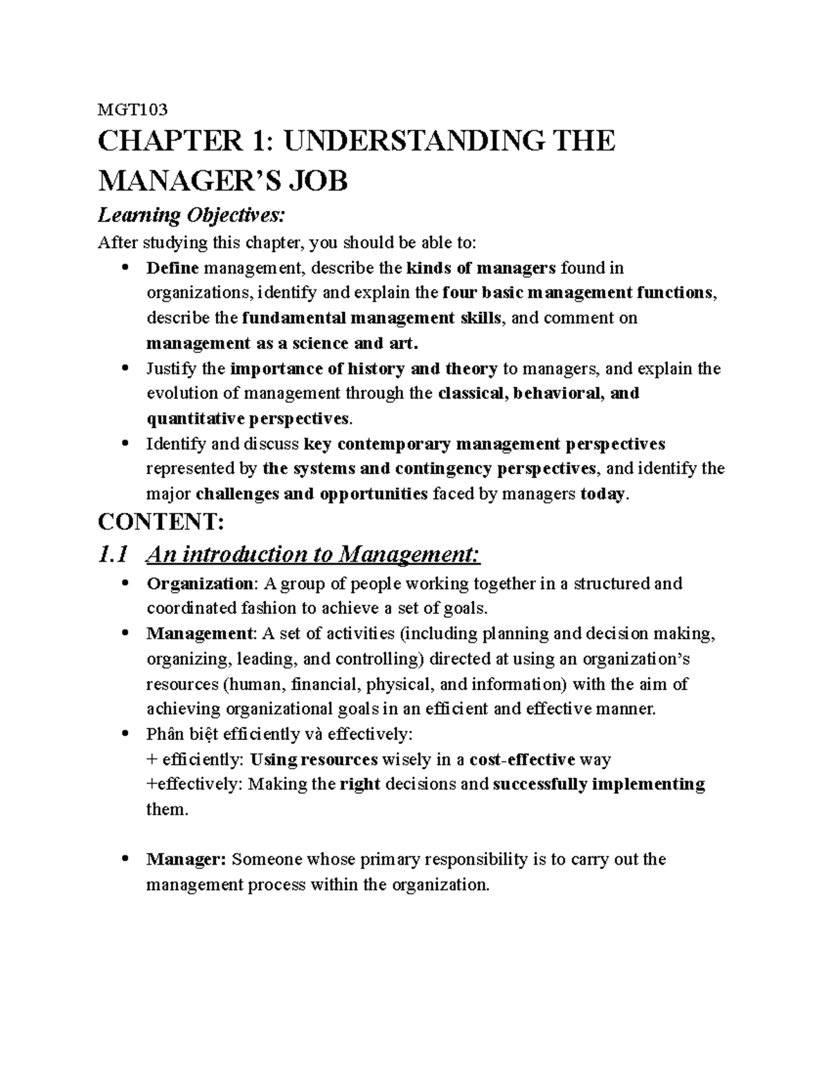 Chapter 1 - Understanding A Manager'S JOB - MGT CHAPTER 1: UNDERSTANDING THE MANAGER’S JOB ...