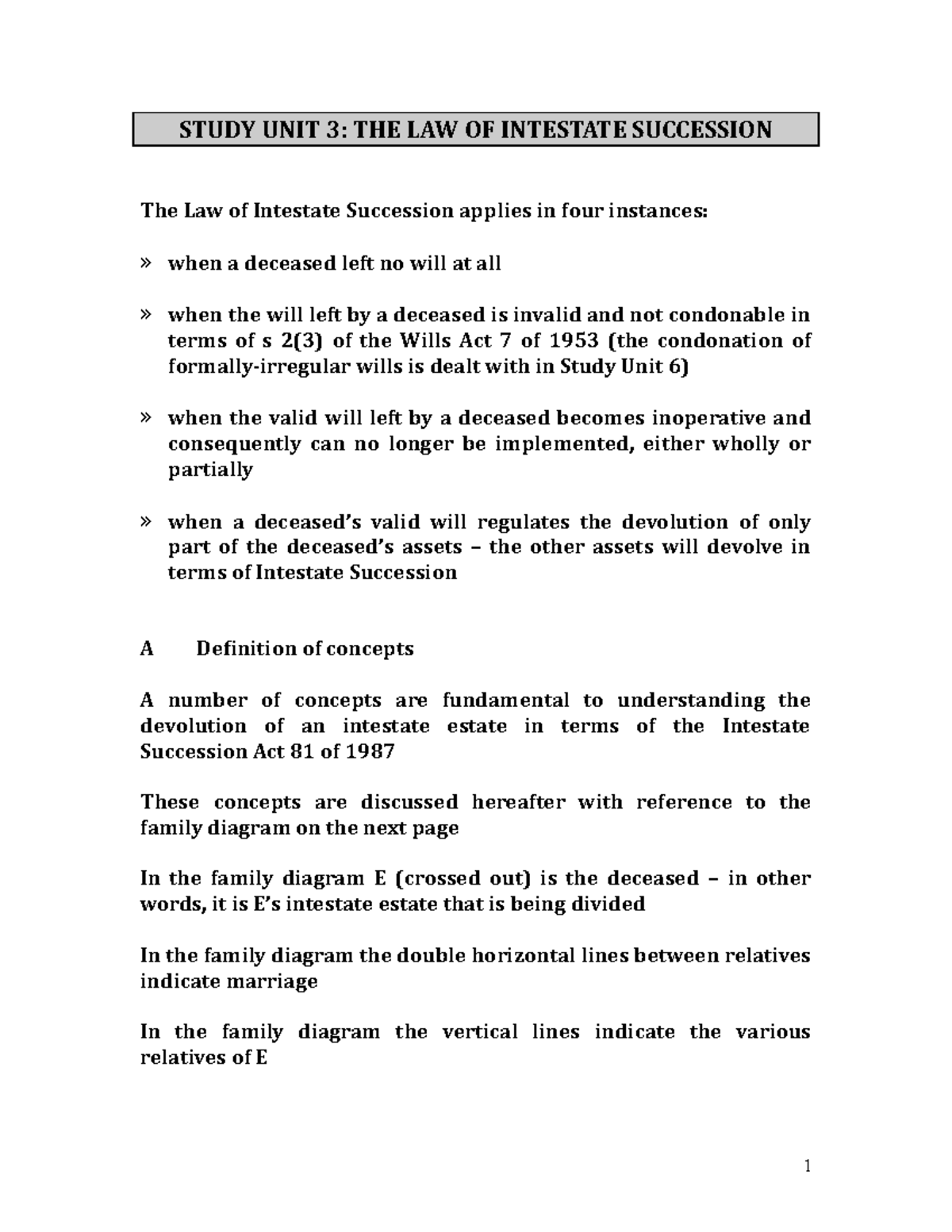 LAW OF Succession Study UNIT 3 - STUDY UNIT 3: THE LAW OF INTESTATE ...