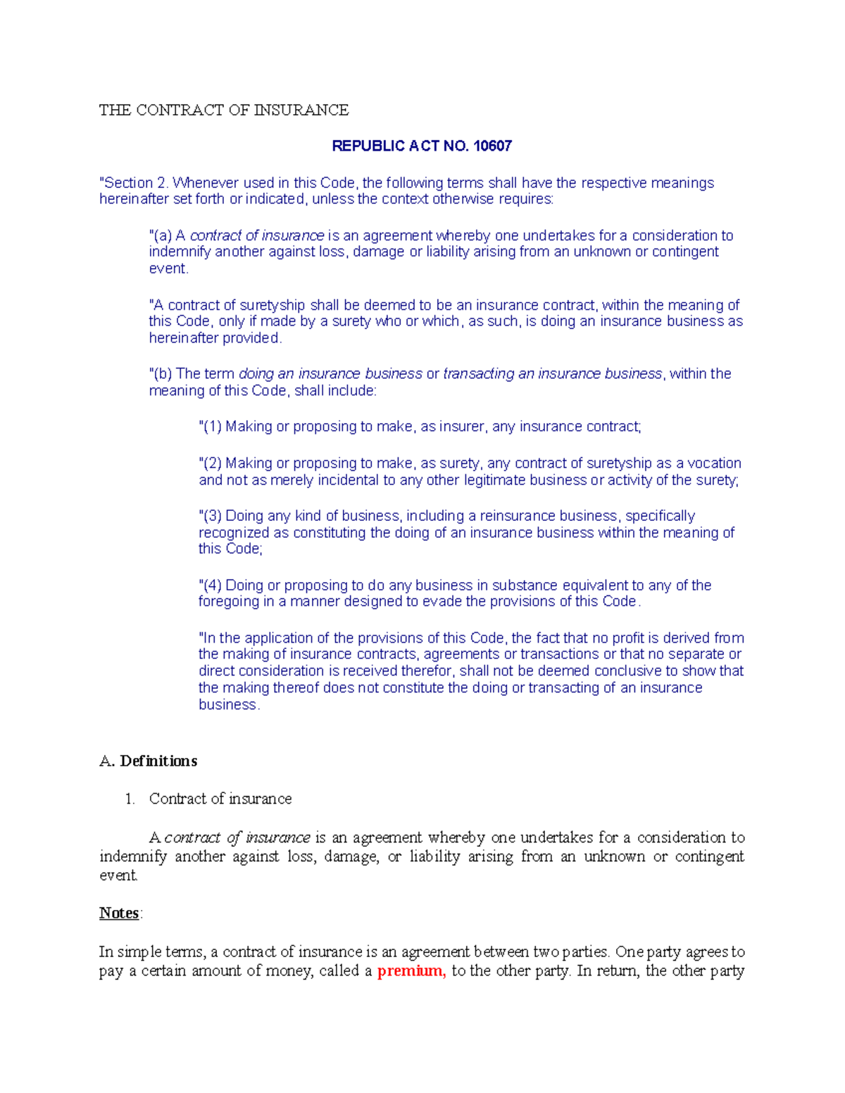 Insurance Notes - THE CONTRACT OF INSURANCE REPUBLIC ACT NO. 10607 ...
