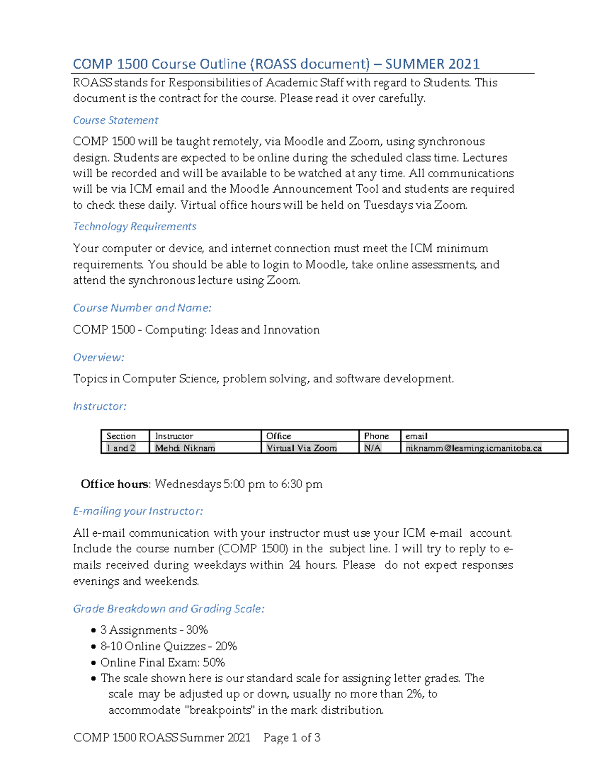 ICM COMP 1500 Course Outline Summer 2021 - COMP 1500 ROASS Summer 2021 ...