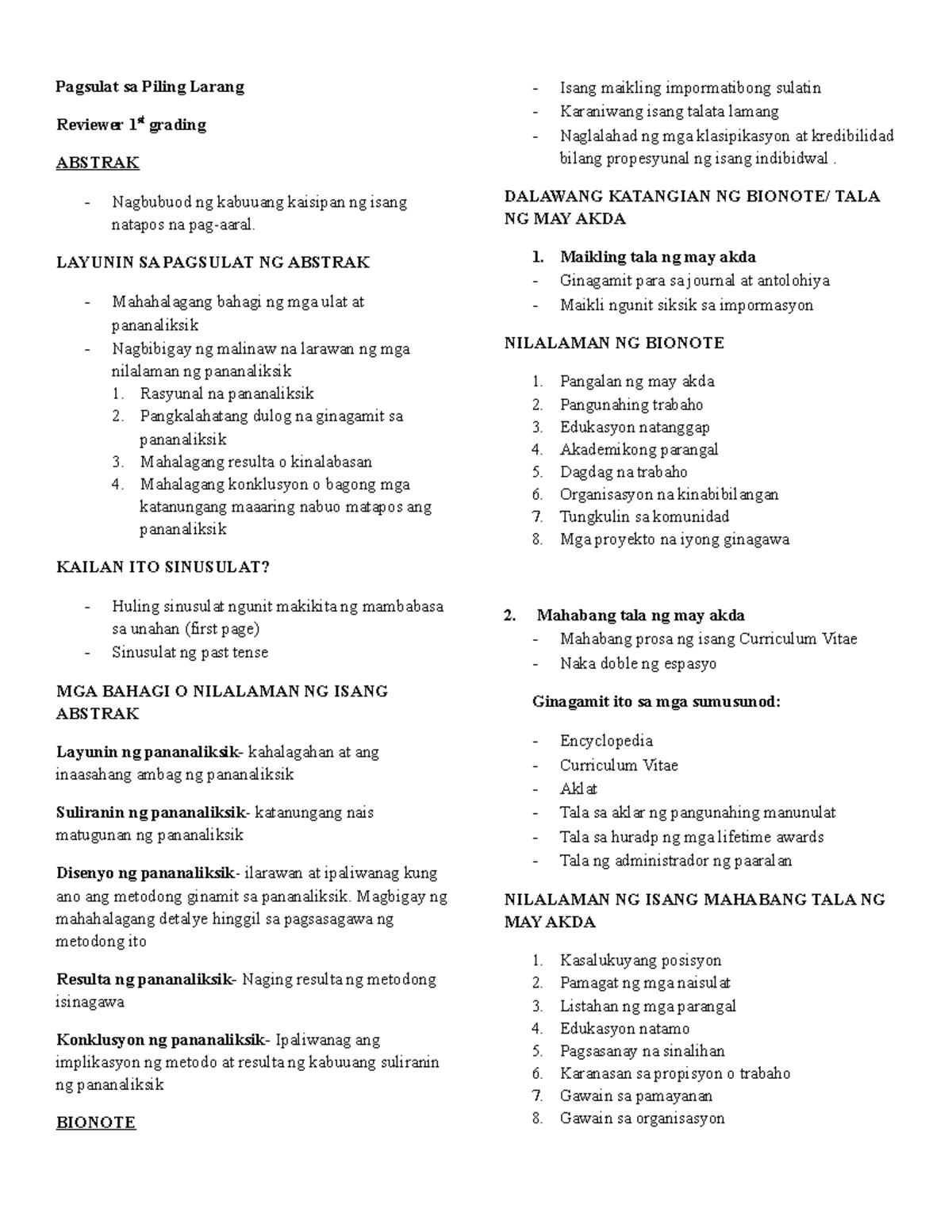 Pagsulat sa Piling Larang - Pagsulat sa Piling Larang Reviewer 1st ...