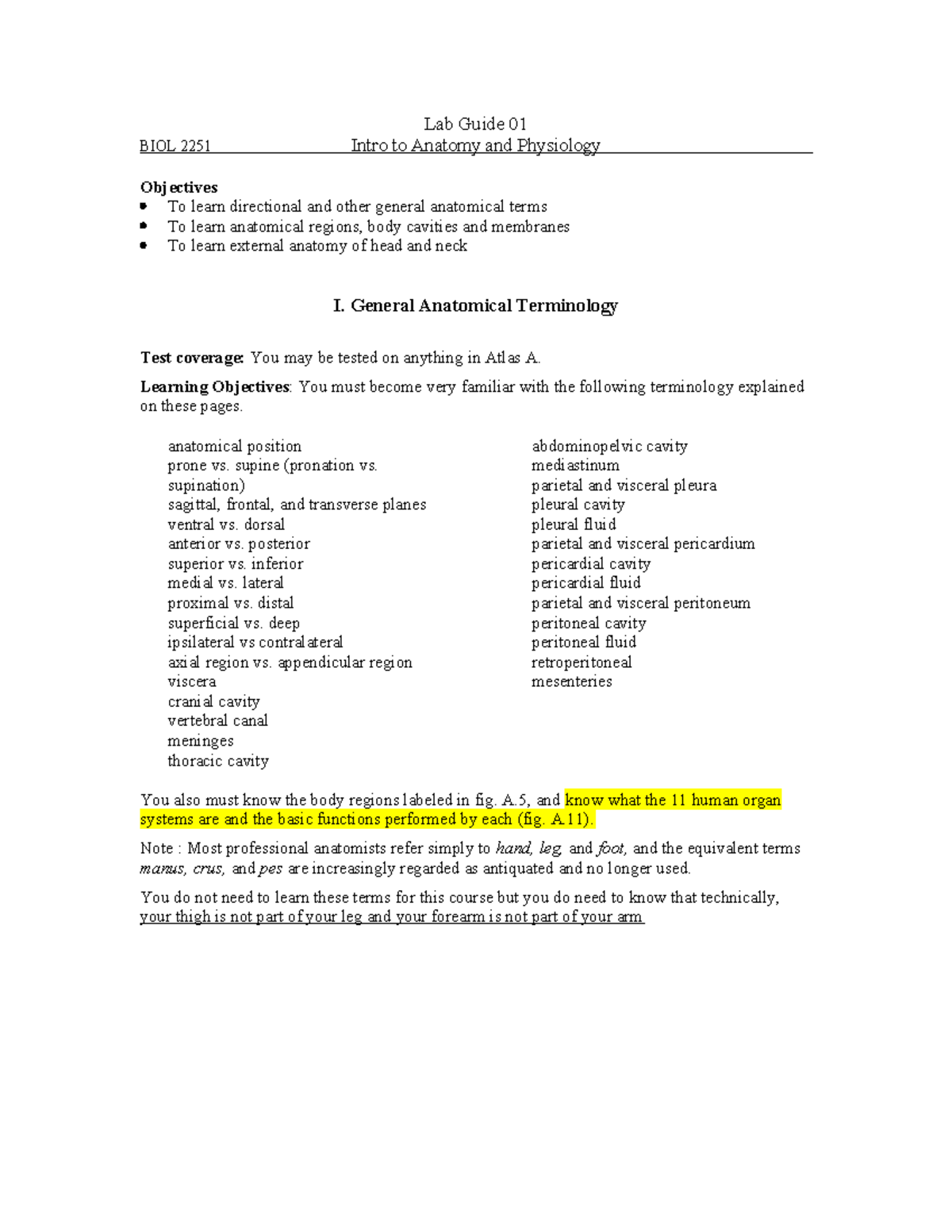 Guide 1 for anatomy - Lab Guide 01 BIOL 2251 Intro to Anatomy and Physiology Objectives To learn ...