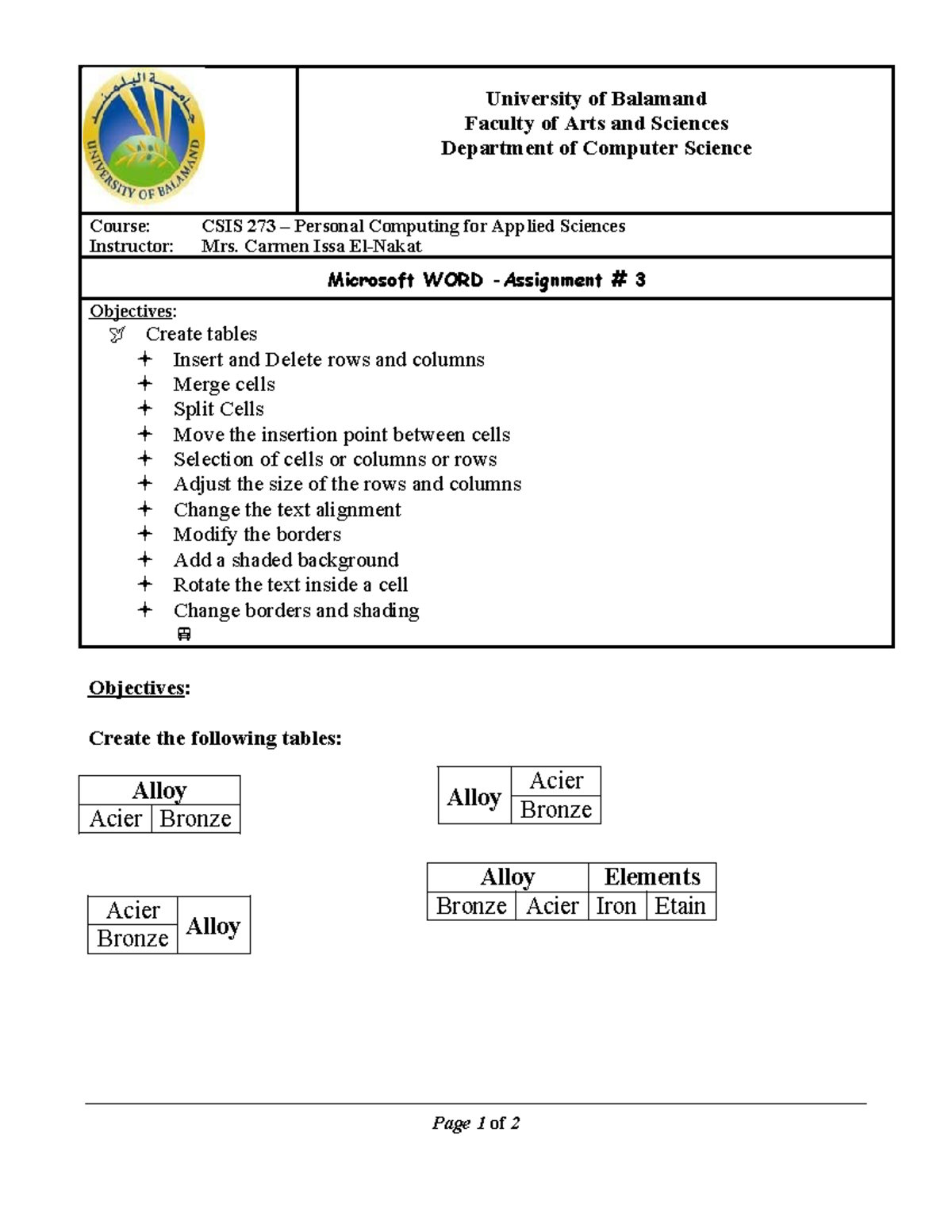 MS WORD Assignment#3 Tables - Alloy Elements Acier Bronze Acier Iron Etain Alloy Bronze Alloy ...