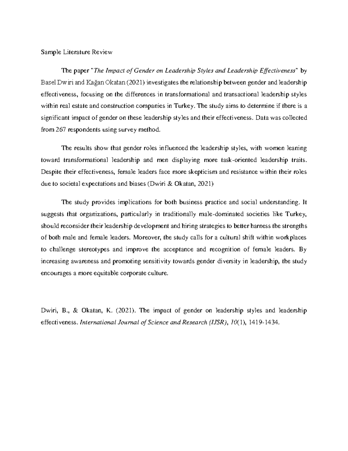 Sample - Summary Psychology At Work - Sample Literature Review The ...