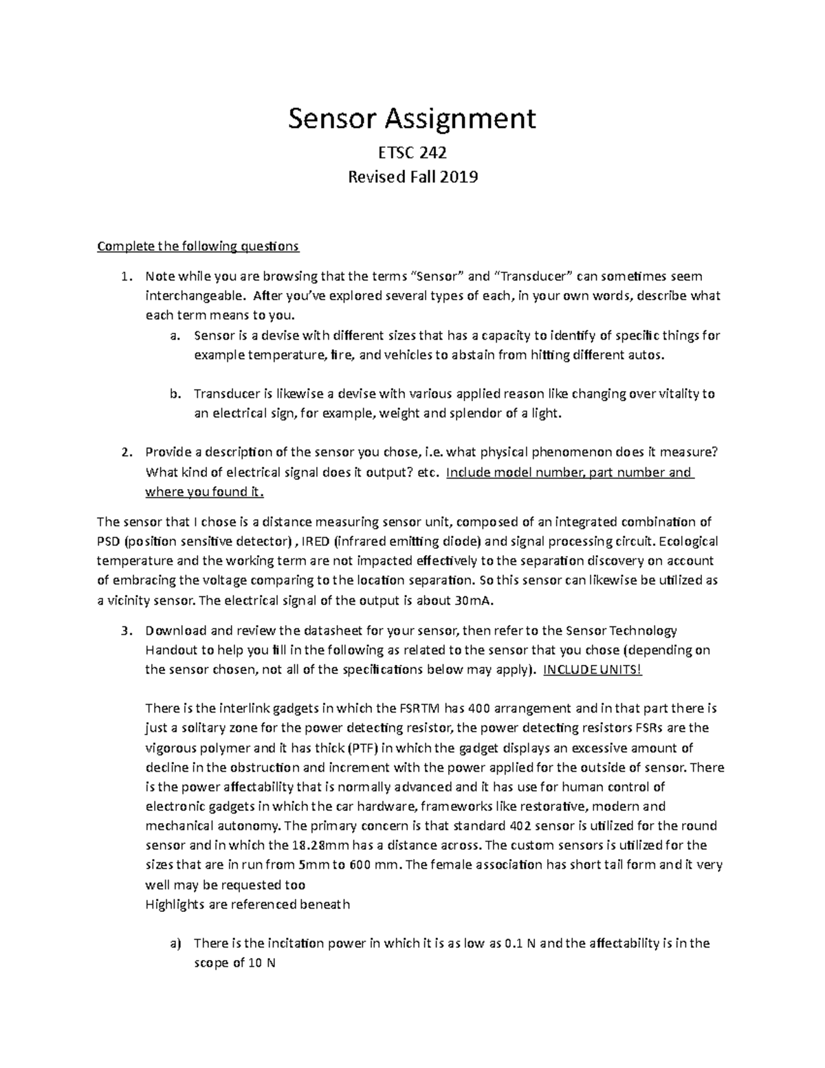 Sensor Assignment 1 Instrumentation Sensor Assignment Etsc 242 Revised Fall 2019 Complete 