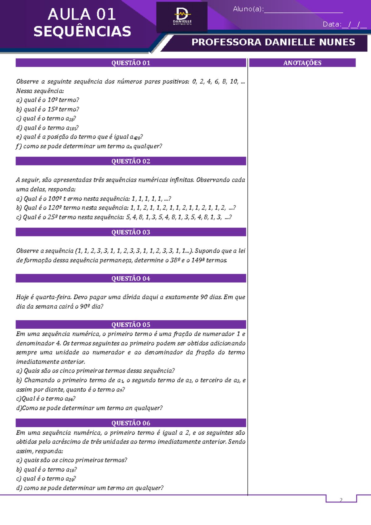 Sequências - LISTA DE EXERCÍCIOS - PROFESSORA DANIELLE NUNES AULA 01 ...