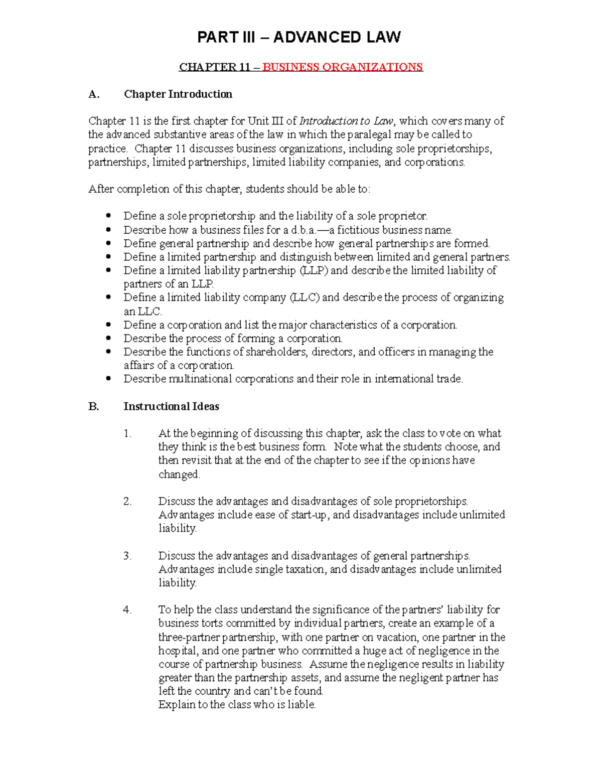 Ch11 Business Organizations - PART III – ADVANCED LAW CHAPTER 11 ...
