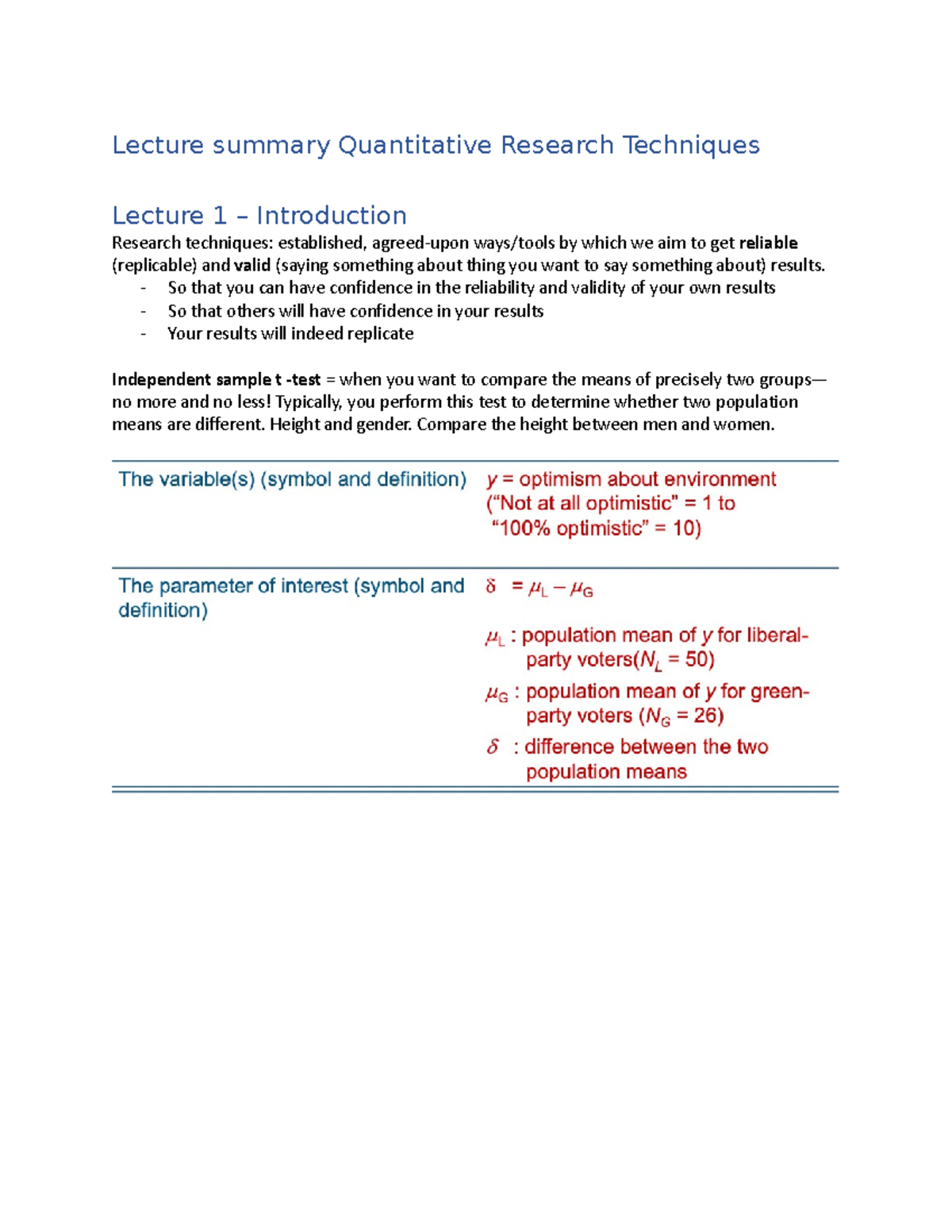 YSS Lecture Summary - .... - Lecture summary Quantitative Research ...