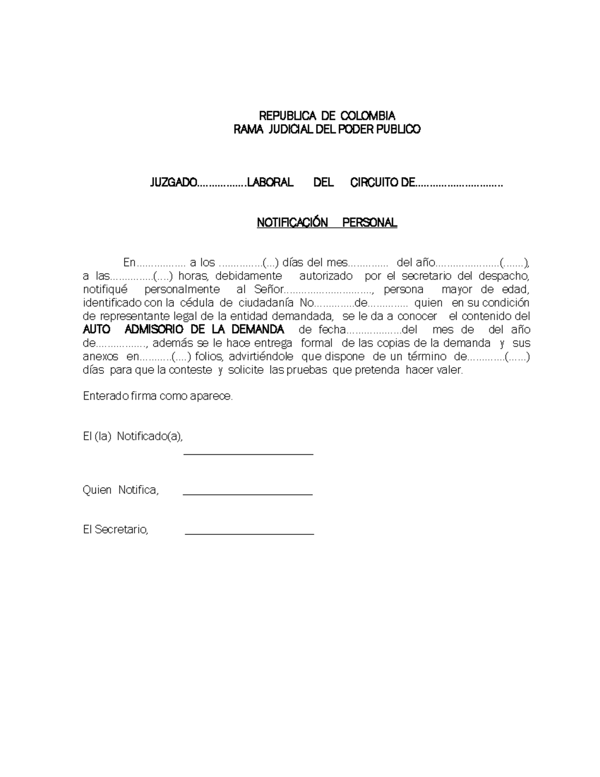 ACTA DE Notificacion Personal - REPUBLICA DE COLOMBIA RAMA JUDICIAL DEL ...