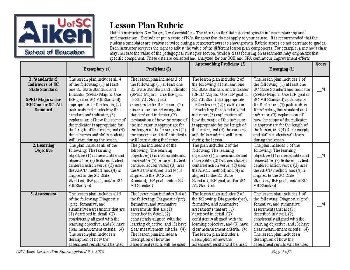 Lesson Plan Rubric - 2020 - Exemplary (4) Proficient (3) Approaching ...
