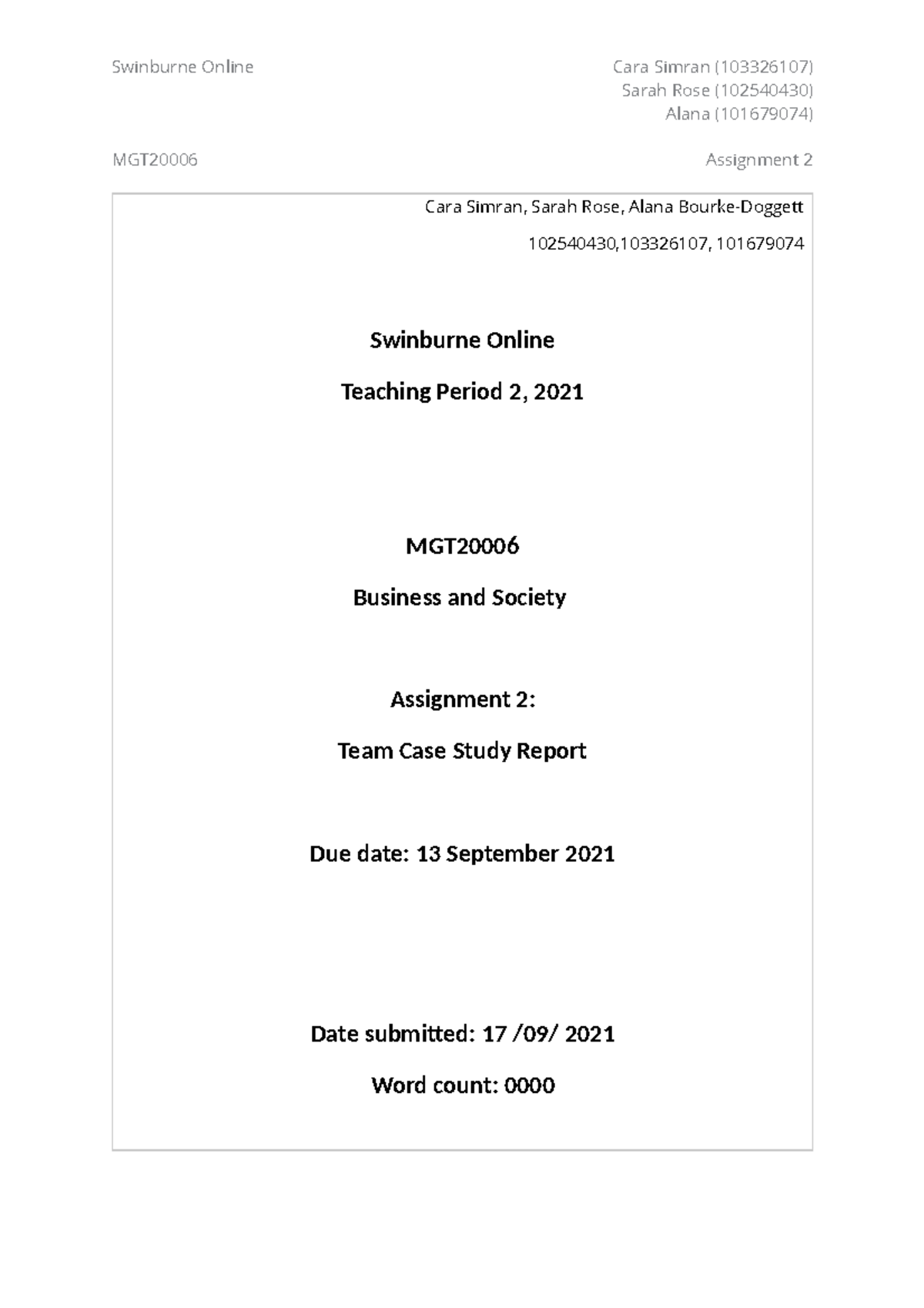 MGT2000 6 Assignment 2 Final.docx - Sarah Rose (102540430) Alana ...