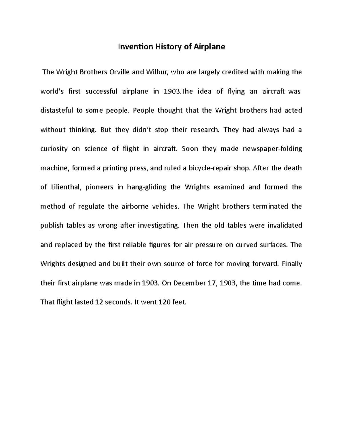 Quiz 1 - Exam question - Invention History of Airplane The Wright ...