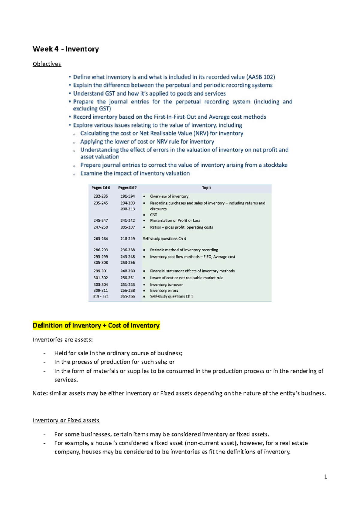 Week 4 - Inventory - Week 4 - Inventory Objectives Definition of ...