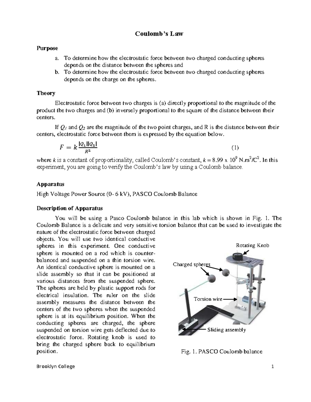 Coulombs law ver 1 - Coulomb’s Law Purpose a. To determine how the ...