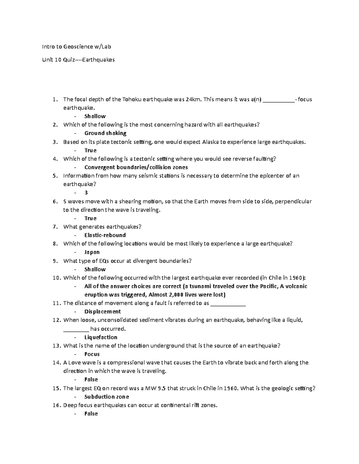 Unit 10 Earthquake Quiz - Intro to Geoscience w/Lab Unit 10 Quiz ...