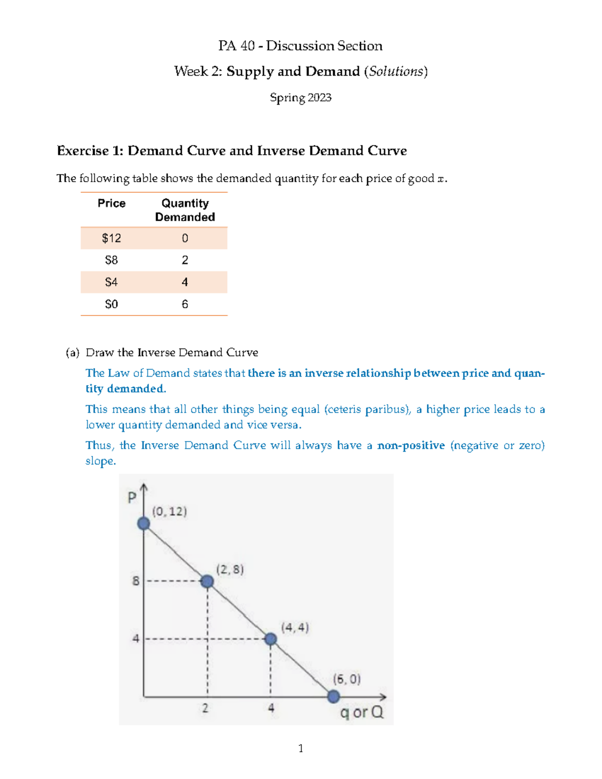 Week2 notes solutions-1 - PA 40 - Discussion Section Week 2: Supply and ...