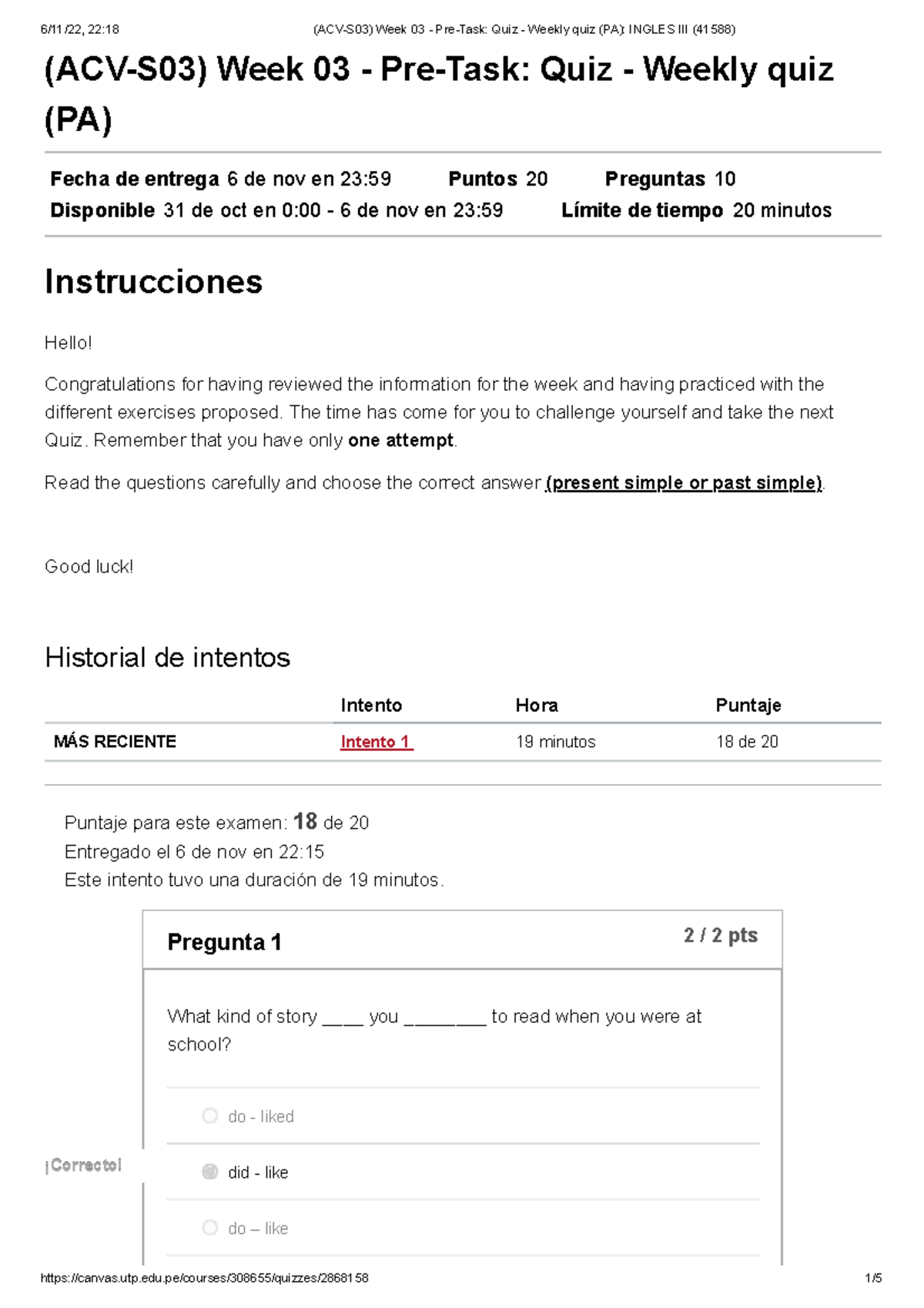 (ACV-S03) Week 03 - Pre-Task Quiz - Weekly quiz (PA) Ingles III (41588) - (ACV-S03) Week 03 ...