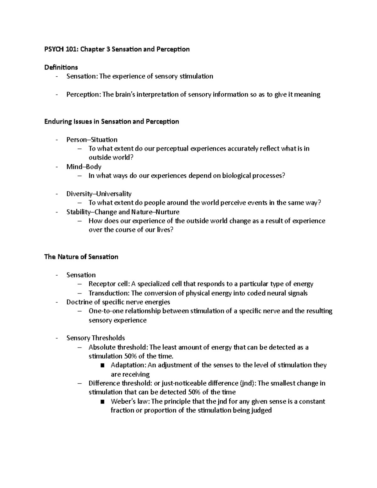 Psych 101 chapter 3 - Prof. Kang - PSYCH 101: Chapter 3 Sensation and Perception Definitions ...
