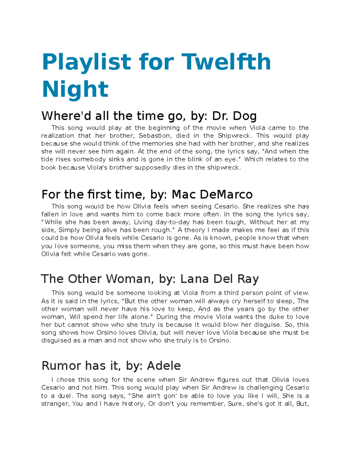 Twelfth night playlist - Playlist for Twelfth Night Where'd all the ...