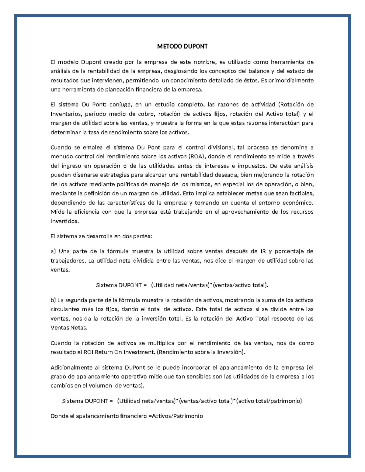 Metodo Du Pont - METODO DUPONT El modelo Dupont creado por la empresa ...