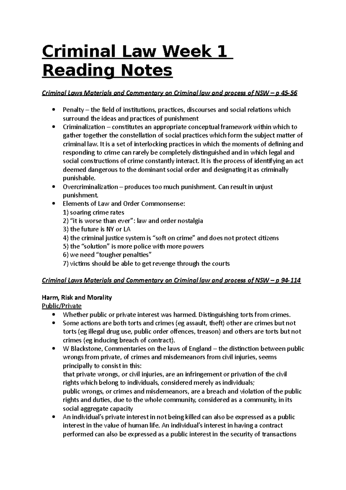 Criminal Law Reading Notes - Criminal Law Week 1 Reading Notes Criminal ...