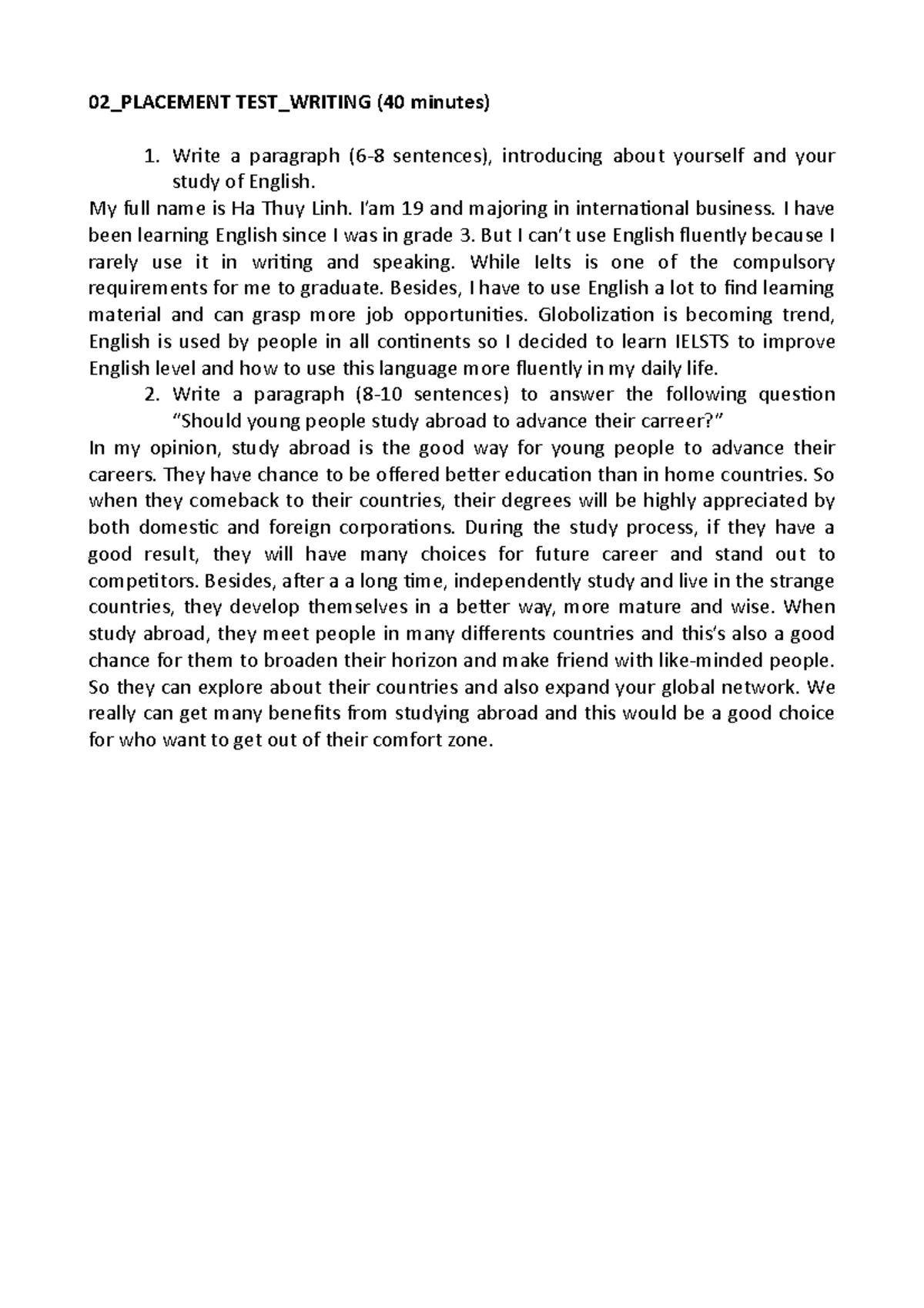 PRE Ielts Placement test Writing Thùy Linh - 02_PLACEMENT TEST_WRITING ...