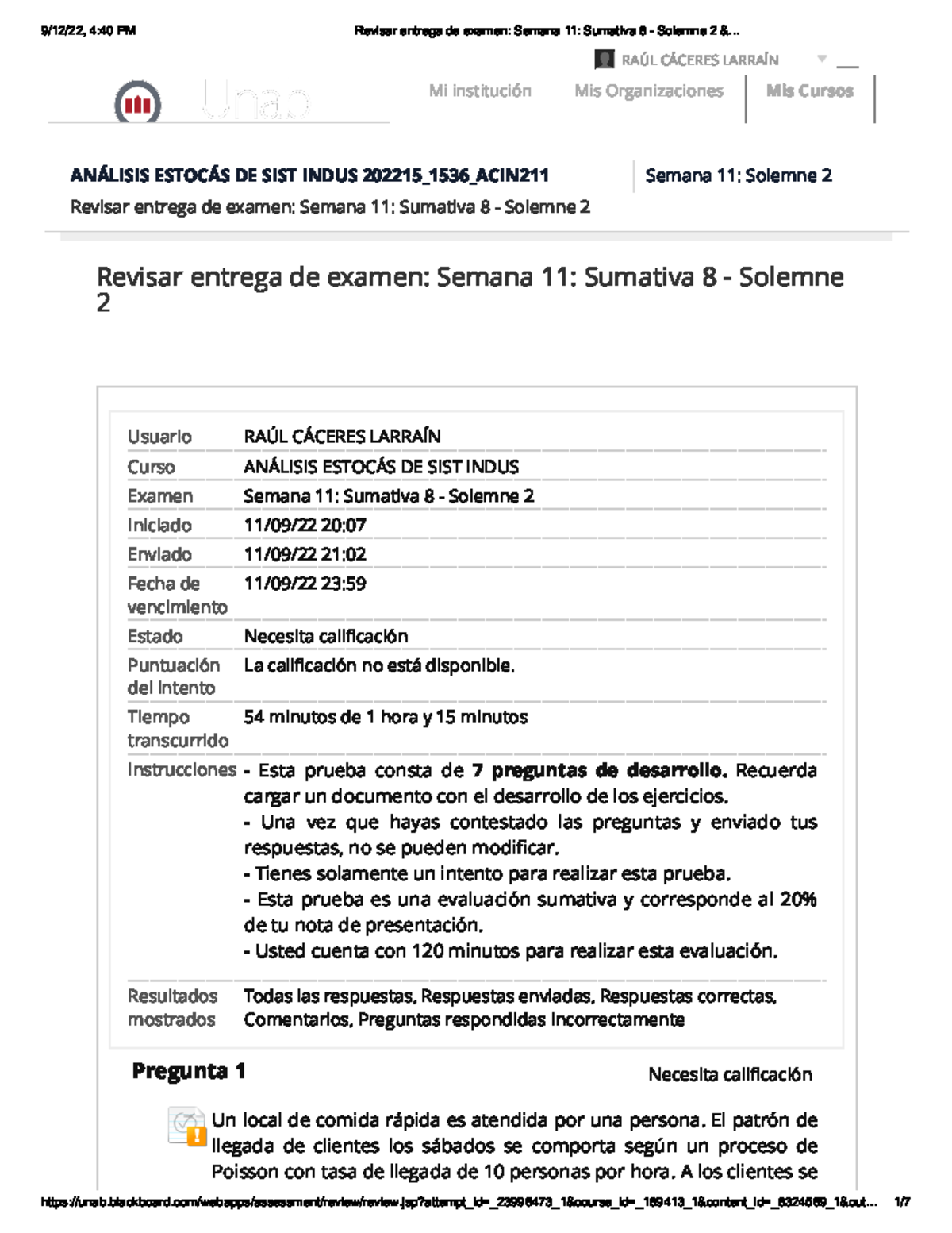 Revisar entrega de examen Semana 11 Sumativa 8 - Solemne 2 & - - Studocu