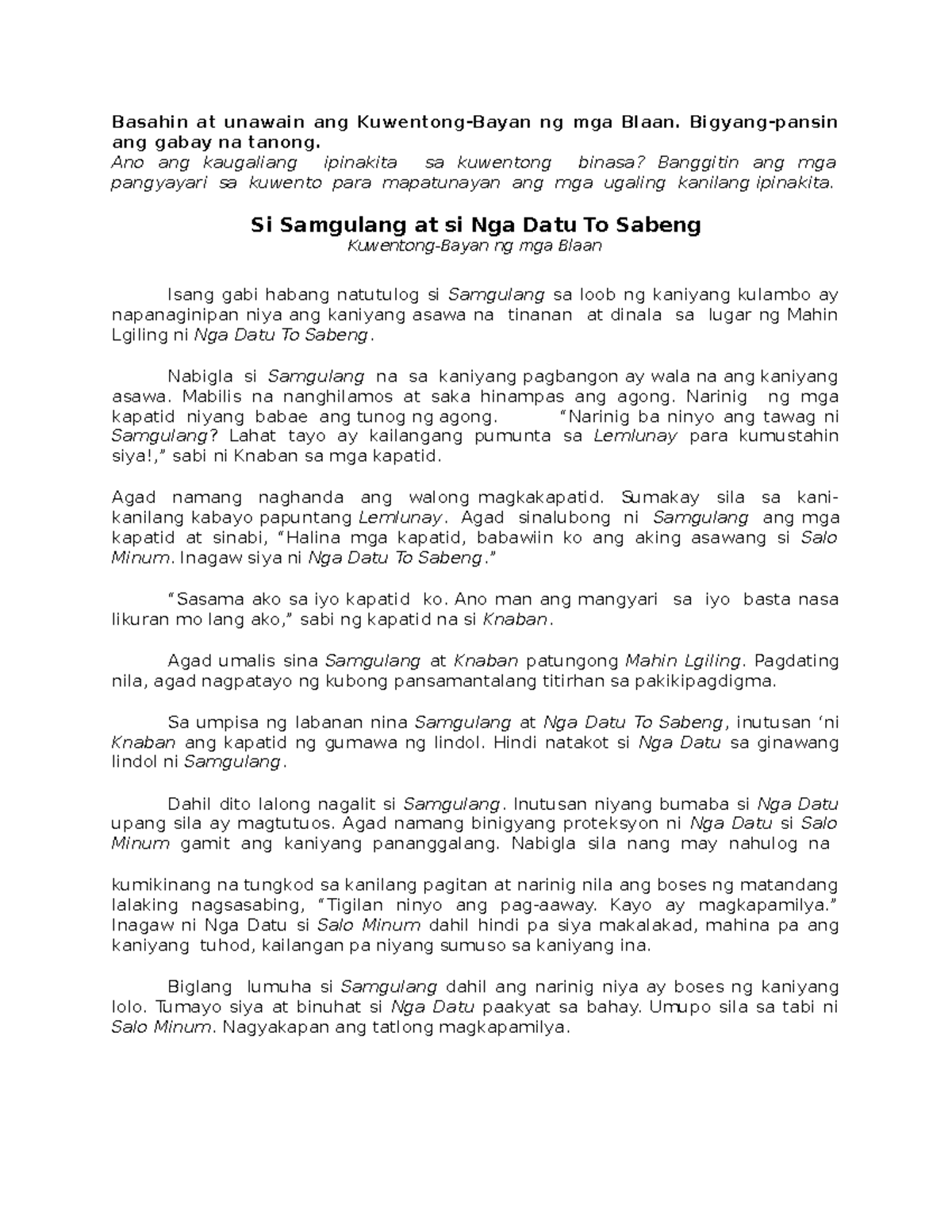 Si Samgulang at si Nga Datu To Sabeng - KB ng Blaan - Basahin at ...