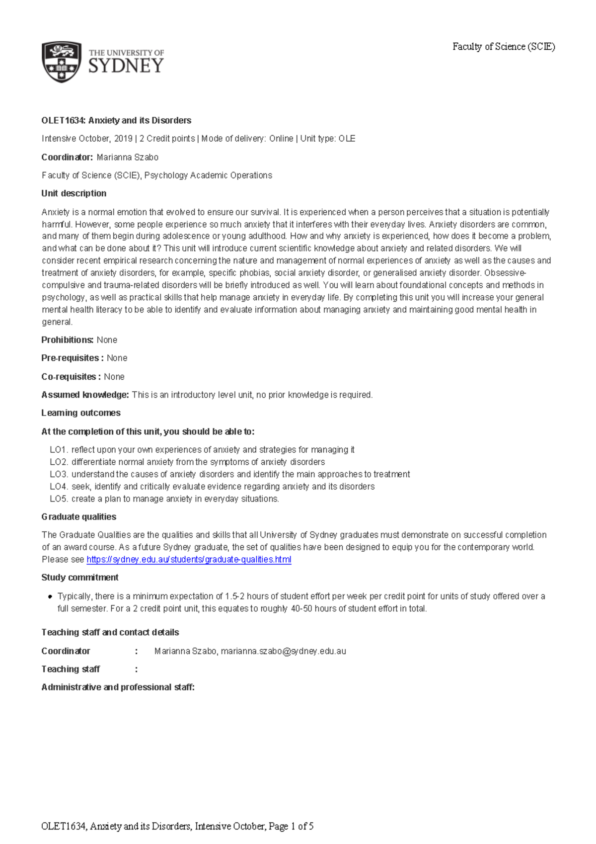 OLET1634 Unit outline - OLET1634: Anxiety and its Disorders Intensive ...