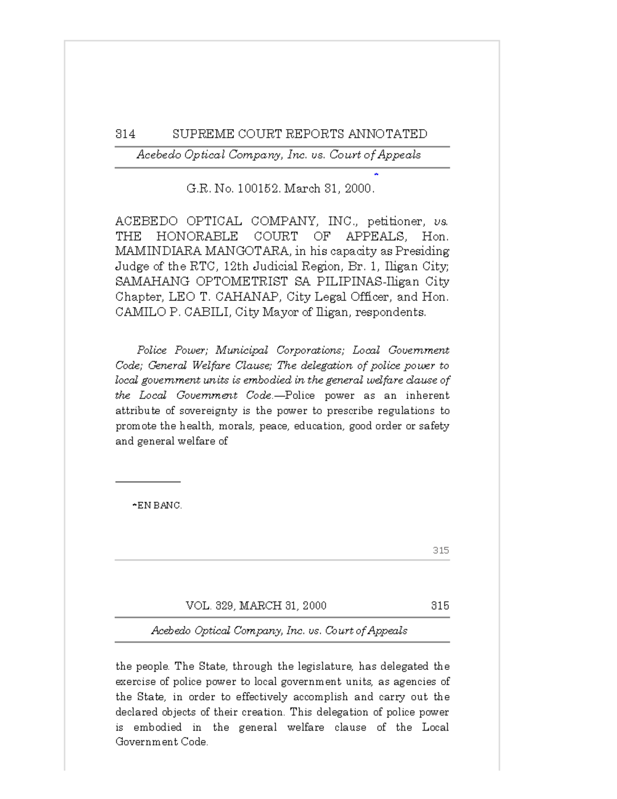 Acebedo Optical vs CA - General Welfare Clause Cases - 314 SUPREME ...
