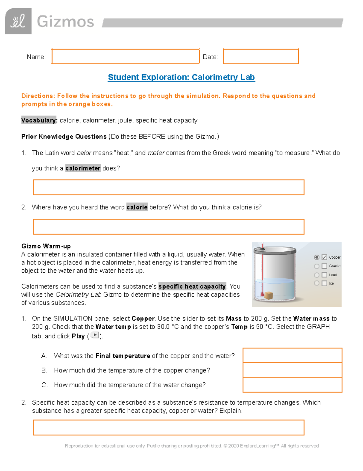 Copy of Calorimetry Gizmo Lab student worksheet - Name: Date: Student ...