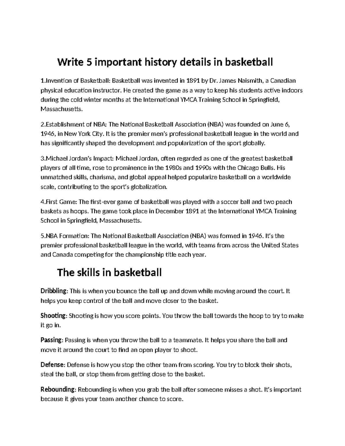 Basketball Activity-WPS Office - 📌Write 5 important history details in ...