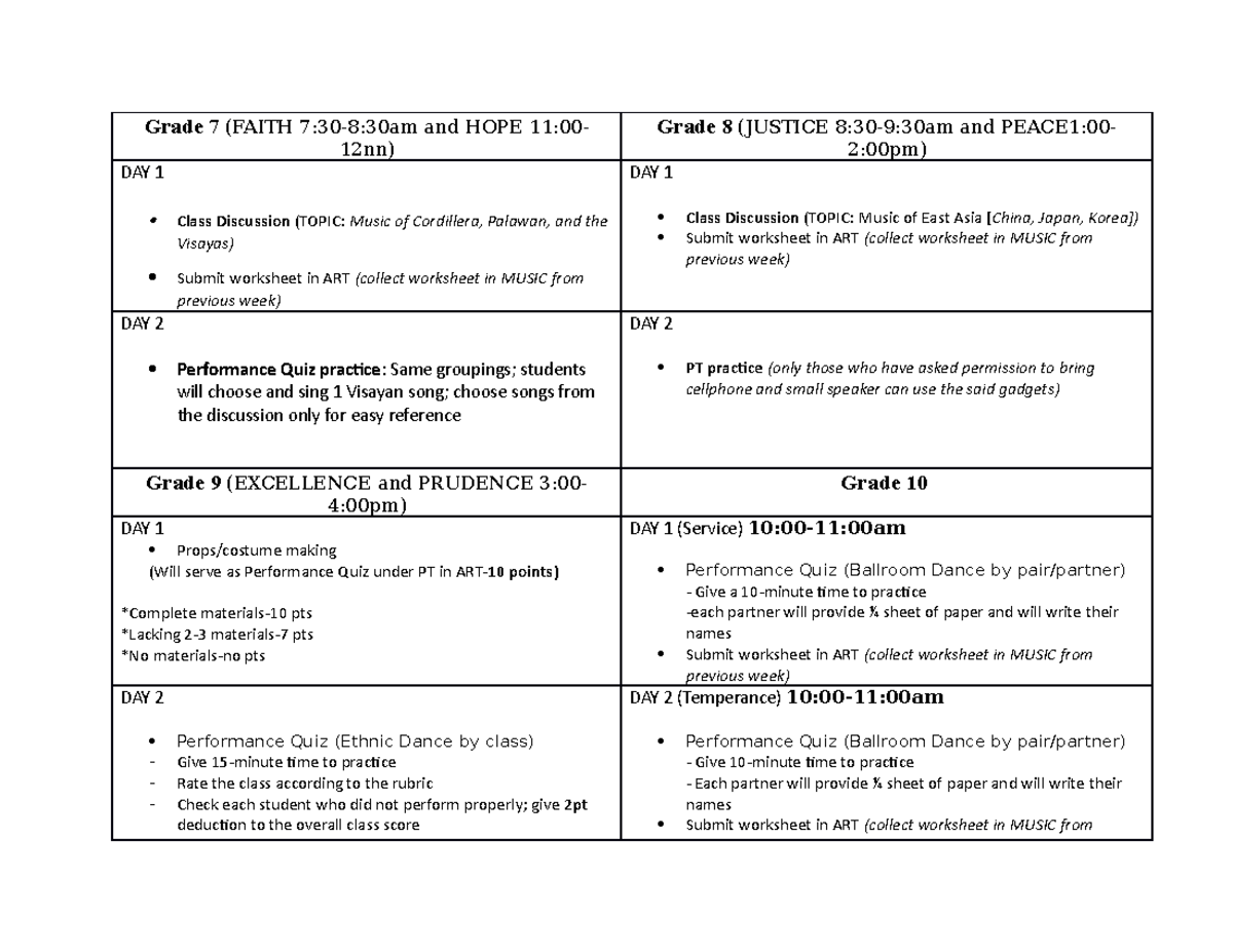 ST schedule - Grade 7 (FAITH 7:30-8:30am and HOPE 11:00- 12nn) Grade 8 ...