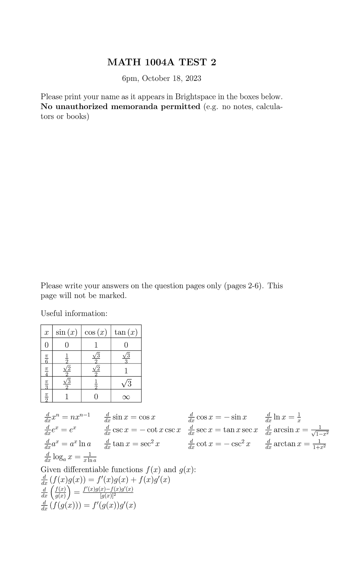 Test 2 blank - MATH 1004A TEST 2 6pm, October 18, 2023 Please print ...