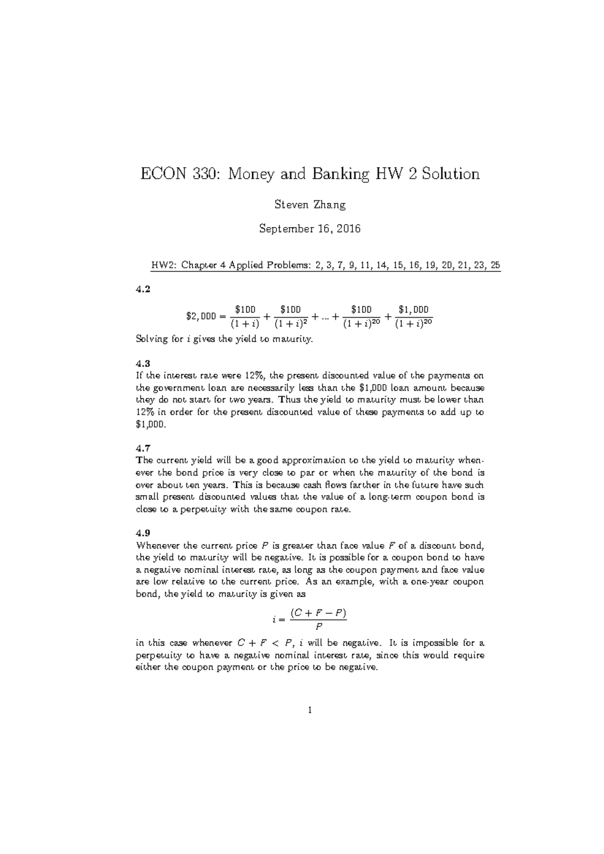 Econ330 hw2 sol - homework & solutions - ECON 330: Money and Banking HW ...