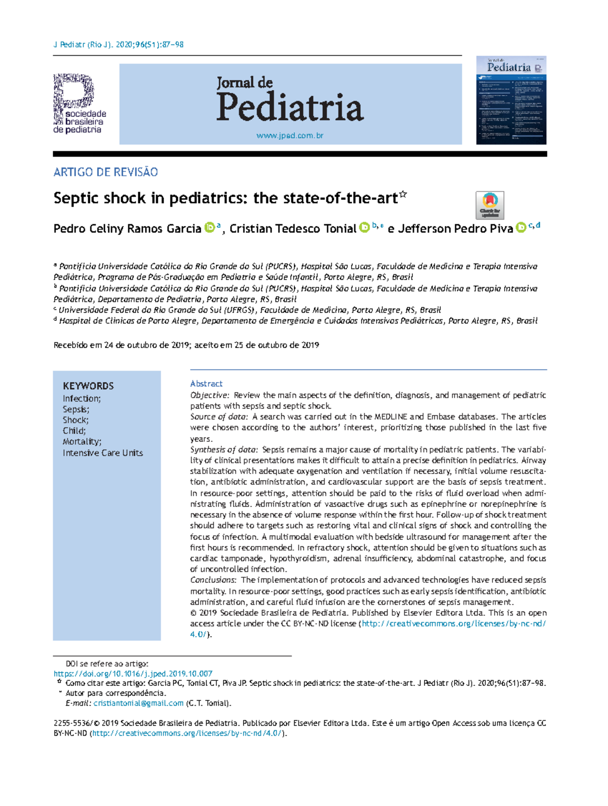 Choque séptico 2020 piva 2 - J Pediatr (Rio J). 2020;96(S1):87- jped ...