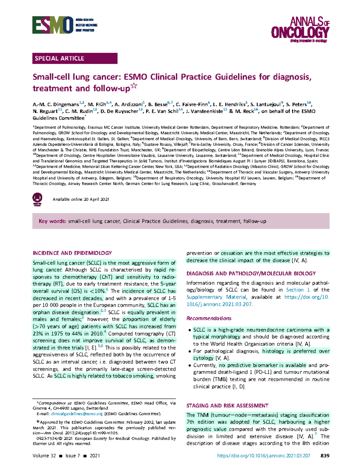 Guiìas ESMO SCLC 2021 - SPECIAL ARTICLE Small-cell lung cancer: ESMO ...