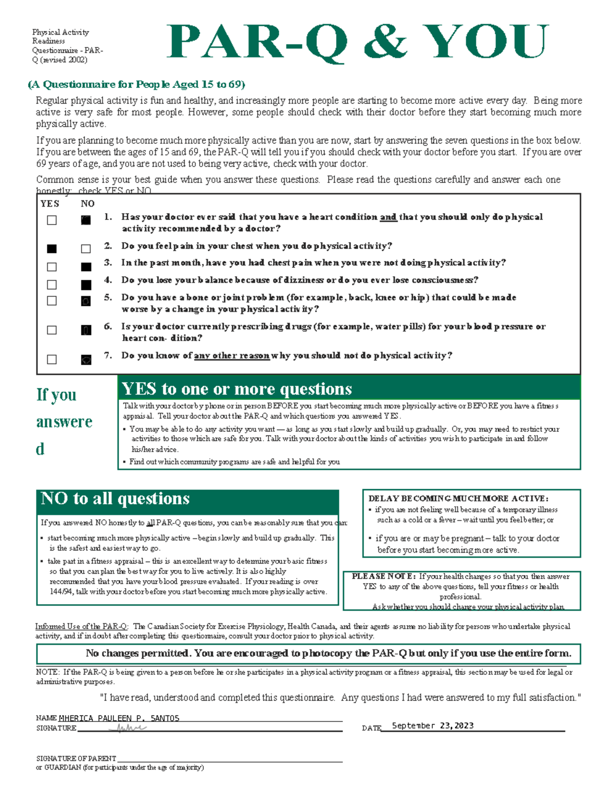 Fitness Testing Activities - Physical Activity Readiness Questionnaire ...