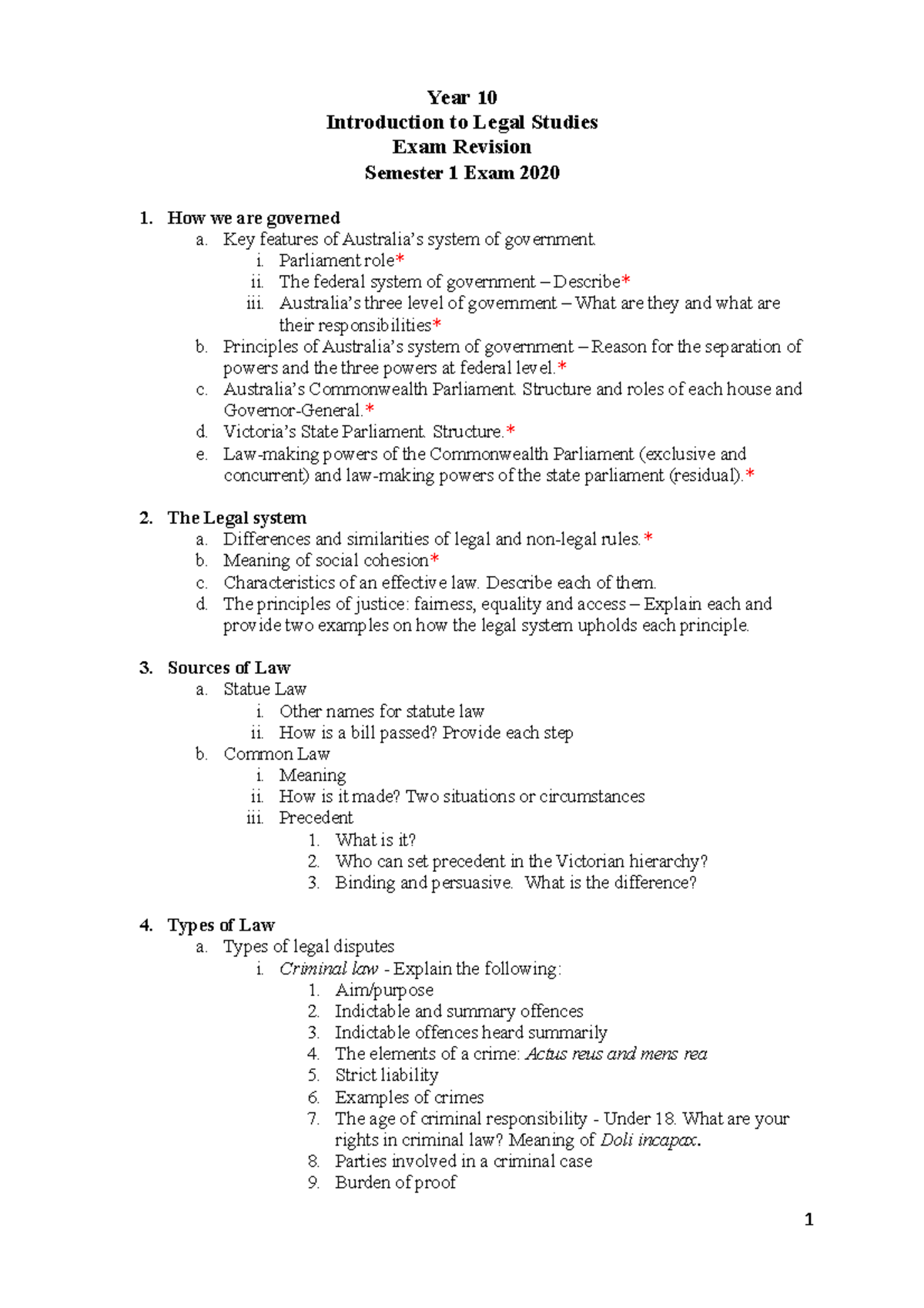 Revision Sheet for 2020 Semester 1 Legal Exam - Year 10 Introduction to ...