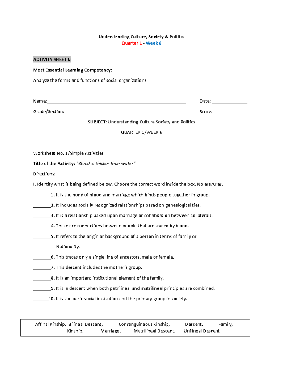 2023 UCSP Activity sheet week6 - Understanding Culture, Society ...